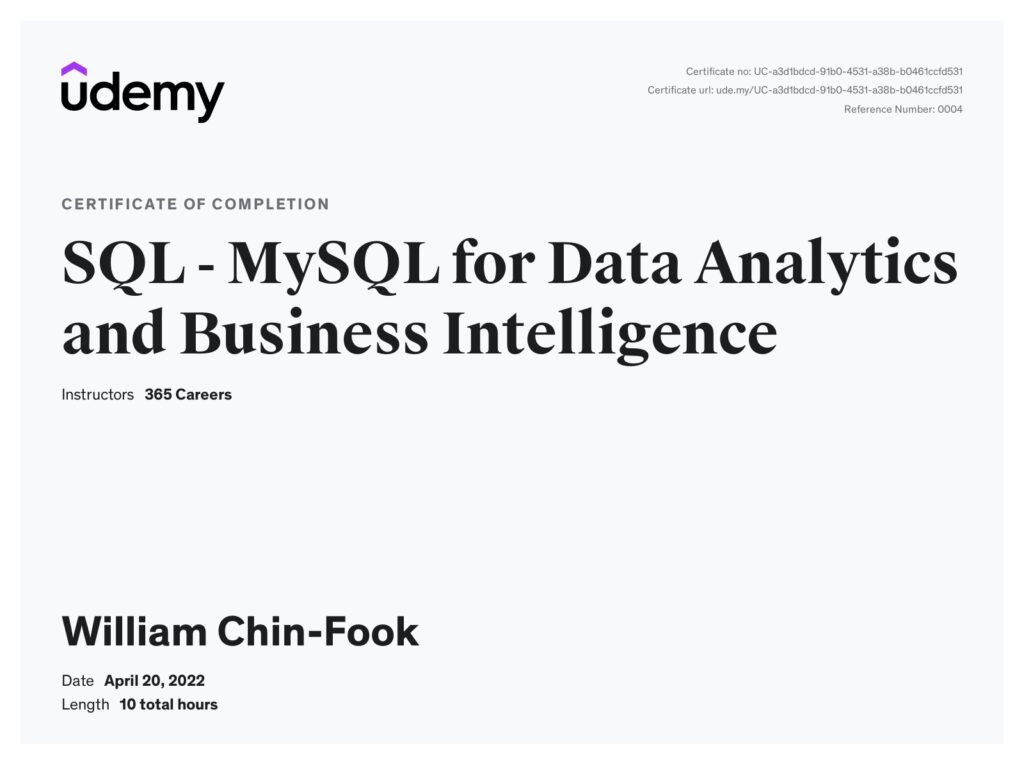 Udemy certificate MySQL YourDigitalAid